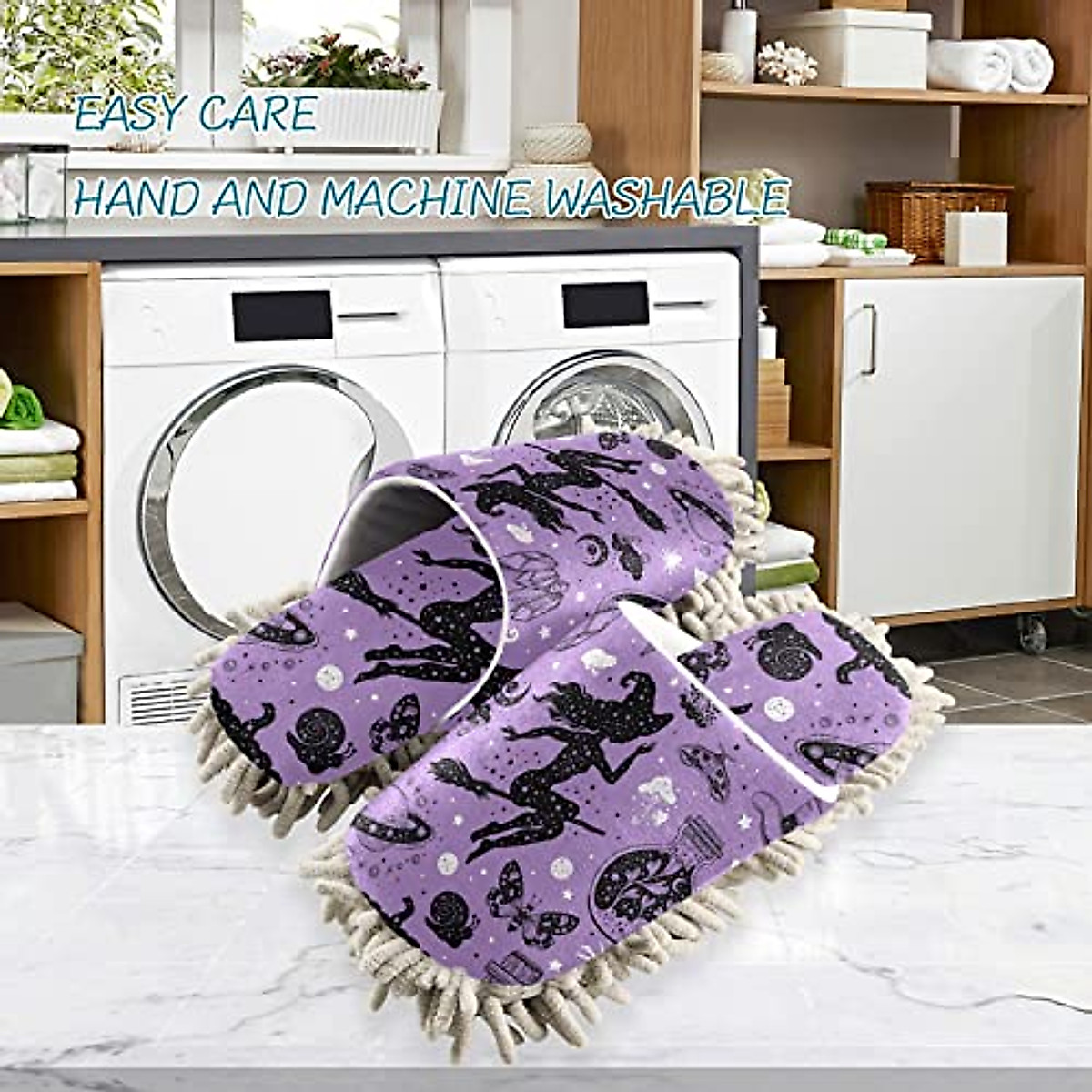 Kigai Microfiber Cleaning Slippers Spooky Halloween Pattern Purple Washable Mop Shoes Slipper for Men/Women House Floor Dust Cleaner, Size M