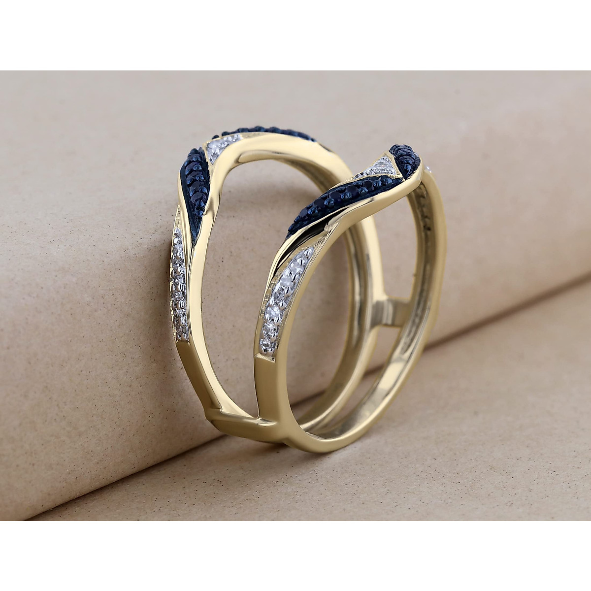 Dazzlingrock Collection Round Blue Sapphire & White Diamond Ladies Wedding Band Guard Double Ring in 14K Yellow Gold, Size 6