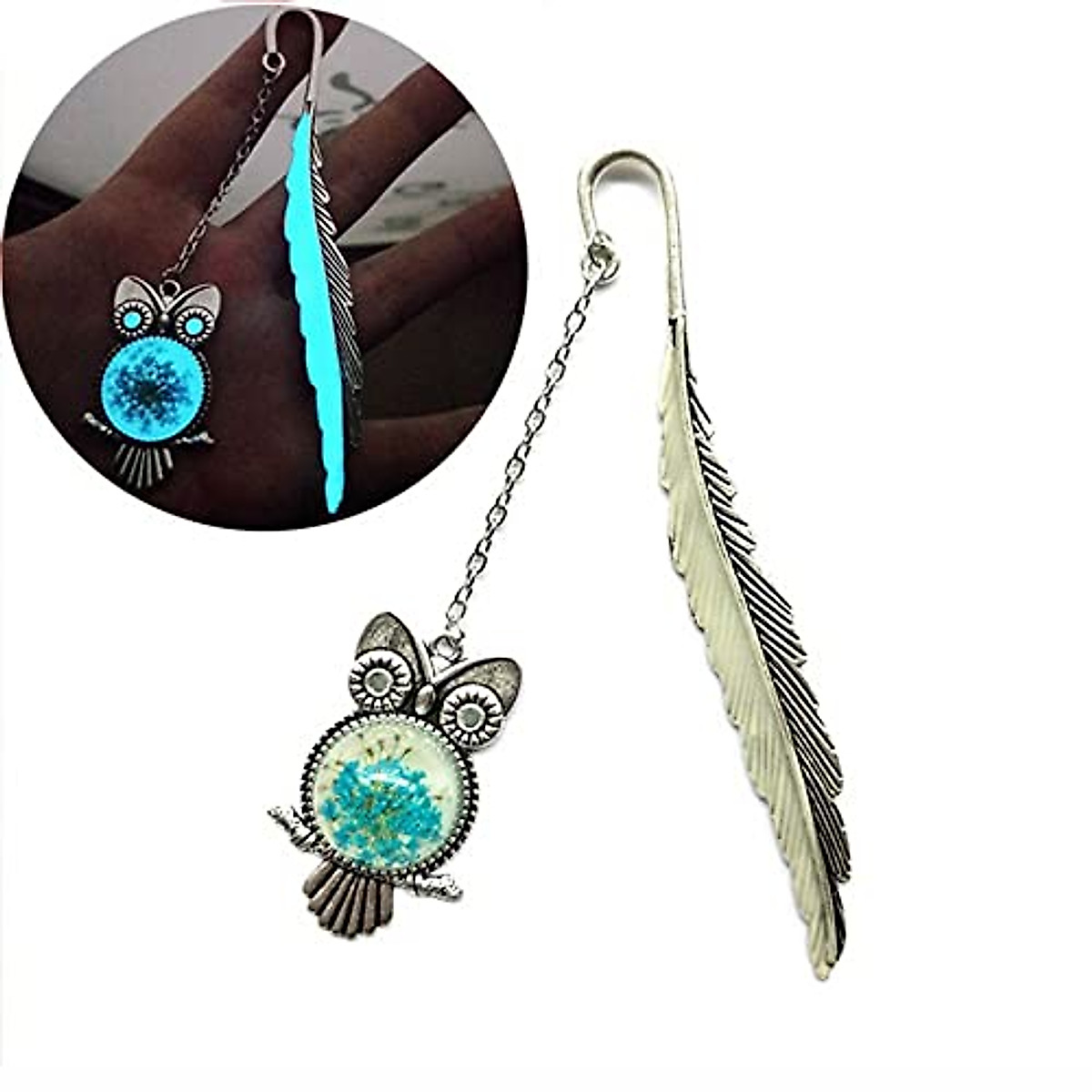 Metal Feather Bookmark Book Marks with Butterfly Pendant Glow in The Dark Dragonfly Owl Dragon Bookmark for Book Lovers(Silver Small Butterfly)