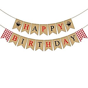 Pudodo Jute Burlap Happy Birthday Banner with Grill BBQ Theme Barbecue Party Decoration