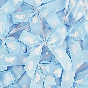 AIMUDI Baby Shower Ribbon Twist Tie Bows 2.5" Premade Blue Bows for Baby Shower Decorations for Boy Pre-Tied Baby Blue Bows for Treat Bags Ribbon for Gender Reveal Bows for Gift Wrapping - 50 Counts