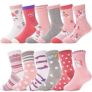 Baby Girls Toddlers Grips Socks Kids Non Slip/Anti Skid Unicorn Striped Crew Cotton Socks 12 Pairs Gift Stocking Stuffers (Girl's-Unicorn Pink(12 Pairs),3-5 Y)