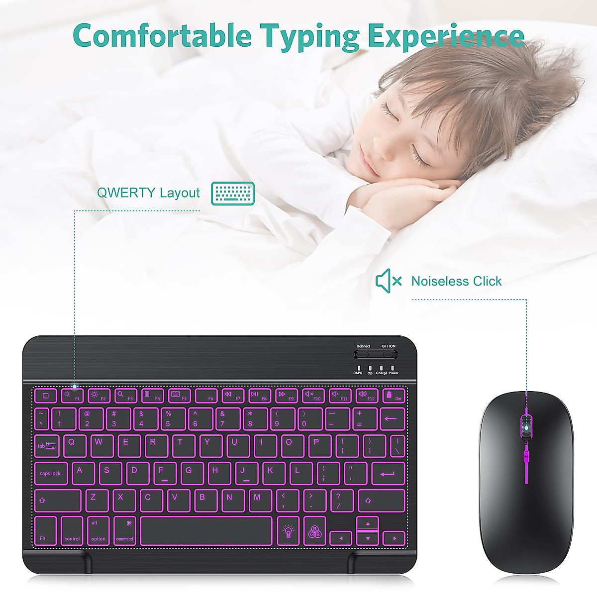 TECURS Bluetooth Keyboard and Mouse Combo for iPad - Rechargeable Wireless Keyboard & Mouse with 7-Color Backlit Compatible with iPad 10th/9th/8th Gen, iPad Pro/Air/Mini, iPhone15/14/13 Pro, Black