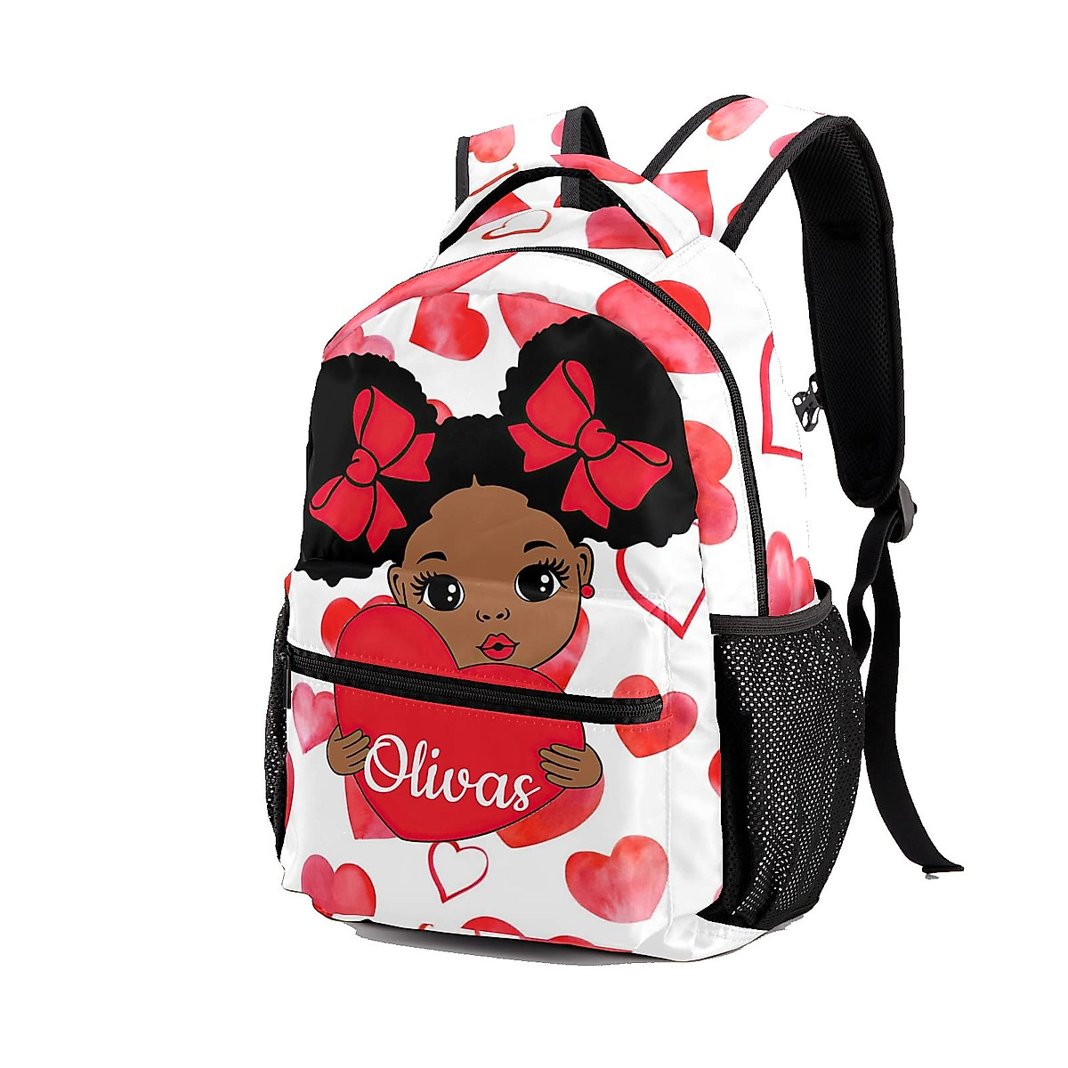 BEYODD Custom Kids Backpack, Personalized Student School Bags for Boys & Girls, Bookbags for Travel Red Hearts Black Girl