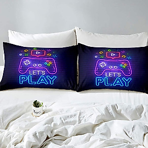NINENINE Gamer Comforter Sets Kids Queen Bedding Sets for Boys,Teen Gaming Comforter,Let's Play Gamer Bedding Video Games Bed Set with 1 Comforter 2Pillowcases