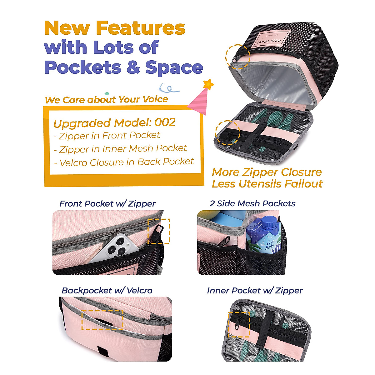 SUNNY BIRD Insulated Lunch Bag with Foldable and Leakproof Design, Thermally Insulated, Shoulder Strap for Women, Men and Teen (Pink 002)