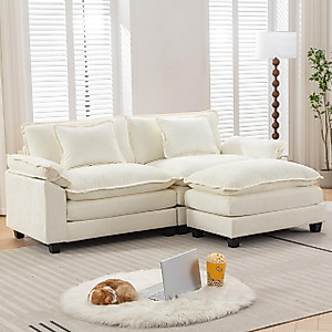 IPKIG 82.6" Sectional Sofa Cloud Couch, Modern Chenille Comfy Upholstered Modular Sofa with Ottoman, 2 Lumbar Pillow, Deep Seat Sofa Sleeper for Living Room, Apartment, Office, Studio (White)