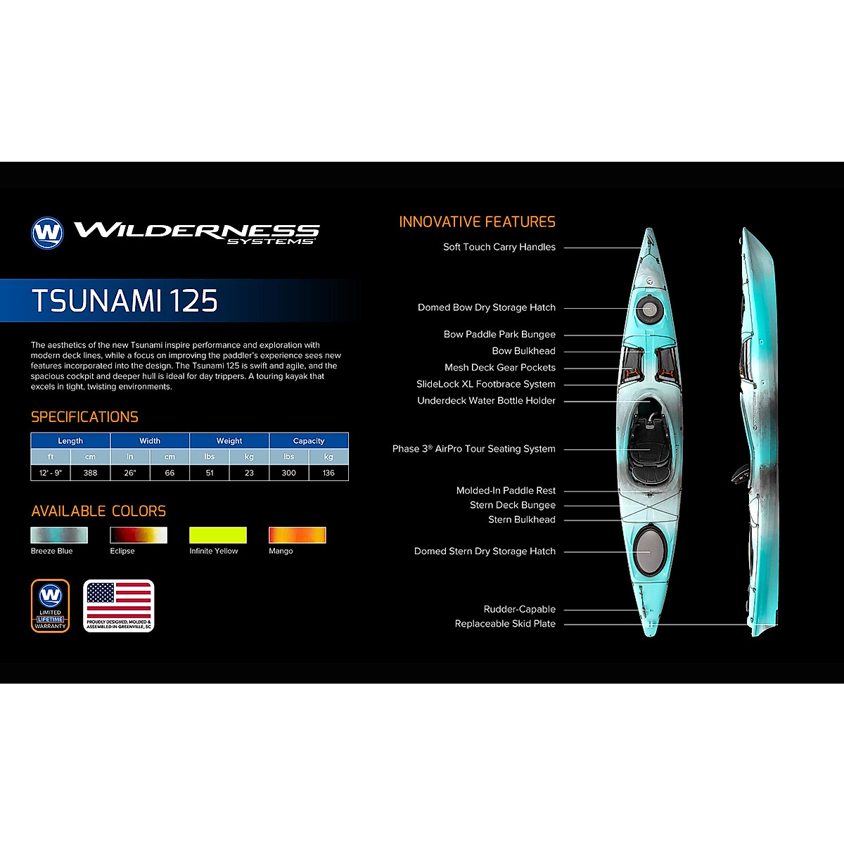 Wilderness Systems Tsunami 125 - Sit Inside Touring Kayak - Multiple Storage Options - 12.6 ft - Mango