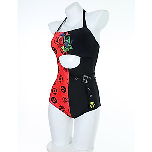 Miraculous Women's Ladybug and Lady Noir Beach Halter One Piece Swimsuit Bathing Suit (as1, Alpha, x_l, Regular, Regular, Black and Red)