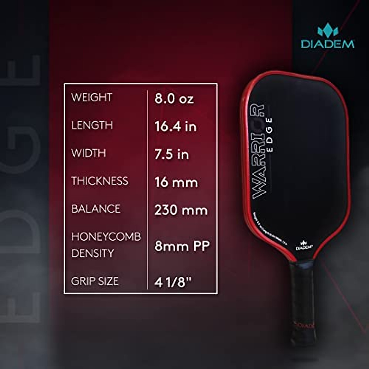 Diadem Warrior Edge Pickleball Paddle | Etched Carbon Face for Max Spin, 16mm Aero Guard, Comfort Max Grip, 16mm Honeycomb Core, Midweight 8oz | Indoor/Outdoor | USAPA Approved