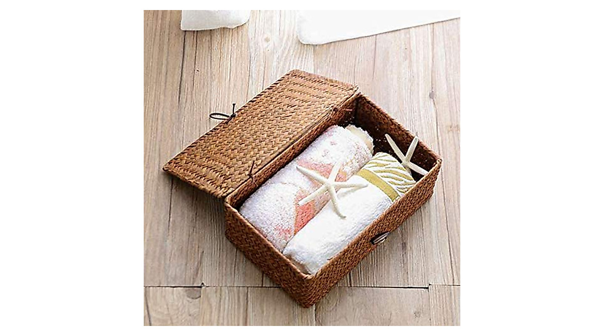Woven Straw Storage Bins with Lid - Set of 4 for Stylish Organization