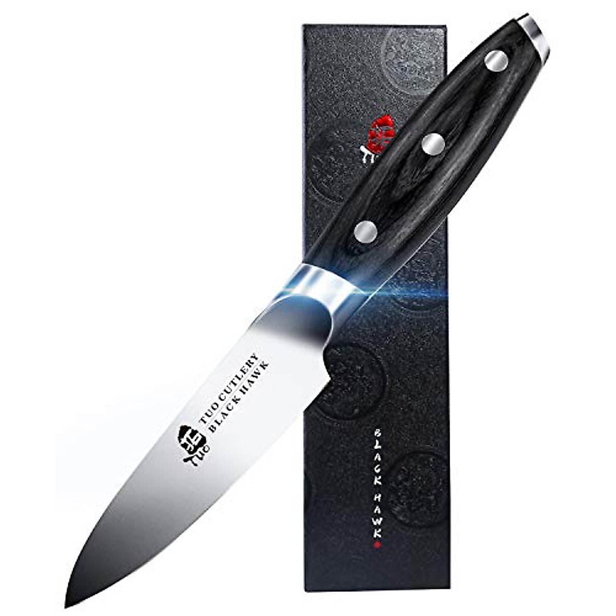TUO Paring Knife 3.5 inch Fruit Peeling Knife Ultra Sharp Kitchen Chef Knife - German HC Steel Full Tang Pakkawood Handle - BLACK HAWK SERIES with Gift Box