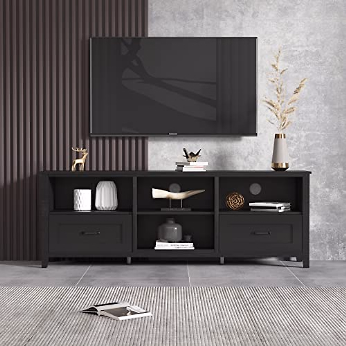 Black TV Stand for 80 75 70 65 60 Inch TV, Black Entertainment Center with Storage, Long Tall TV Stands for Living Room 75 Inch Black, 65 70 75 80 TV Stand with Storage for 65+ 75+ Inch TV for Bedroom