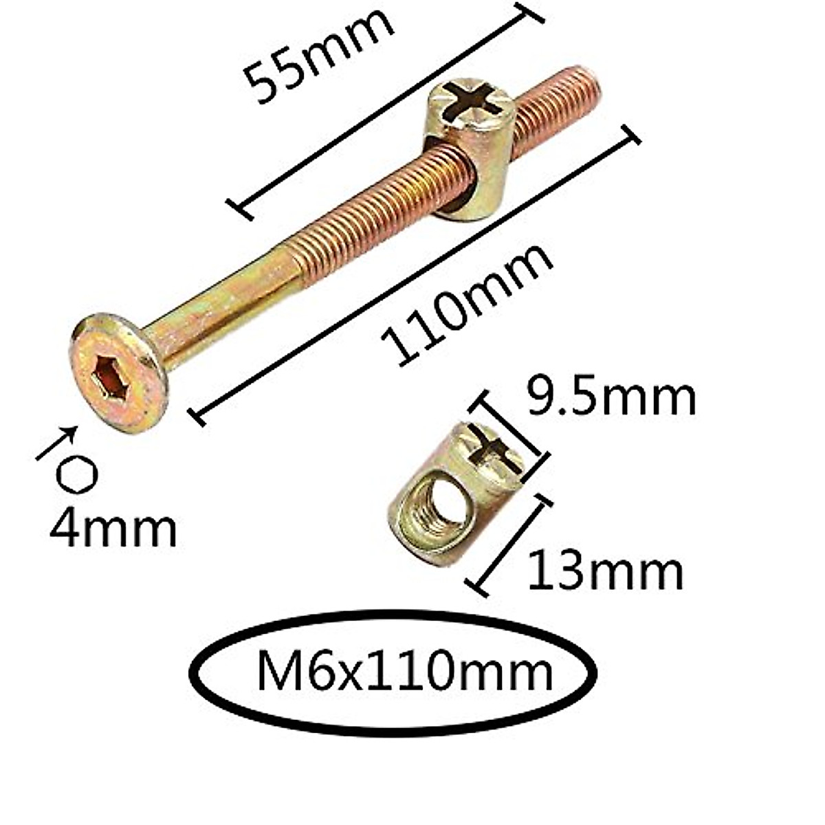 SpeedDa M6x110mm Thread Hex Key Drive Socket Furniture Bolt w Barrel Nut Bolt Nuts Assortment Kit for Furniture Cots Beds Crib and Chairs(Pack of 16)