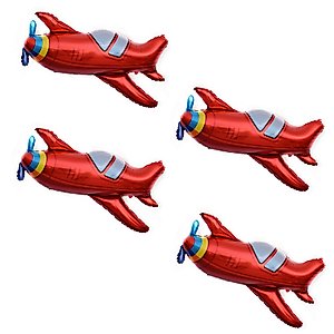 4 Pcs Large Red Airplane Helicopter Plane Foil Balloon Aviator Adventure Themed Birthday Party Decorations(37x31inch)