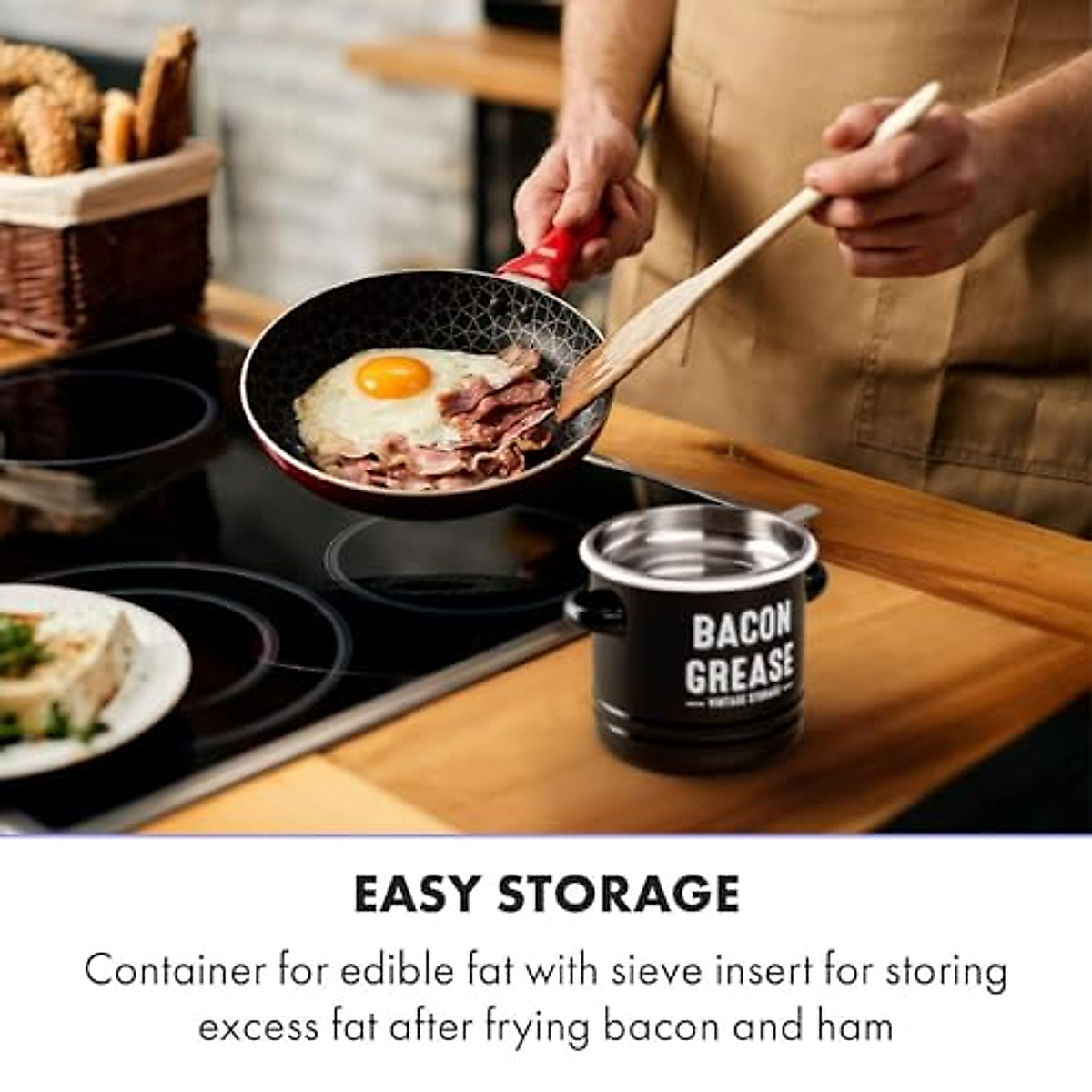 Granrosi Bacon Grease Container with Strainer - 36OZ Stainless Steel Bacon Grease Saver with Airtight Lid; Farmhouse Style Strainer - Black