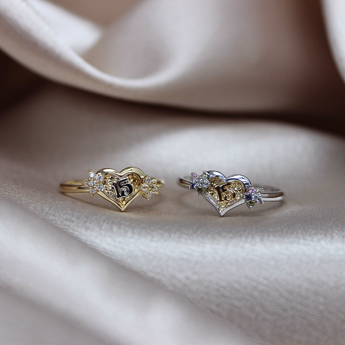 Ioka - 14K Solid Yellow Gold 15 Years Birthday CZ Heart Quinceanera Ring - Size 6.5