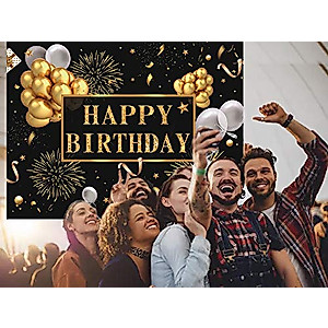 Saliyaa 7x5ft Happy Birthday Backdrop Banner, Birthday Party Decor,Black Gold Poster Photo Booth Backdrop Background Banner for Men Women 30th 40th 50th 60th 70th 80th Bday Party Supplies