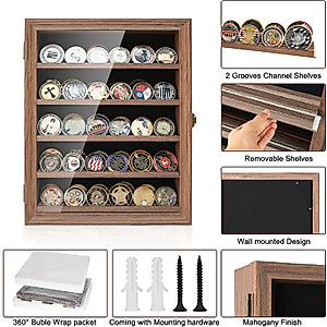 Military Challenge Coin Display Case Holder with HD Toughened Glass and Wall Mount, Wooden Coin Stand Rack with Removable 2 Grooves Shelves, Rustic Brown…