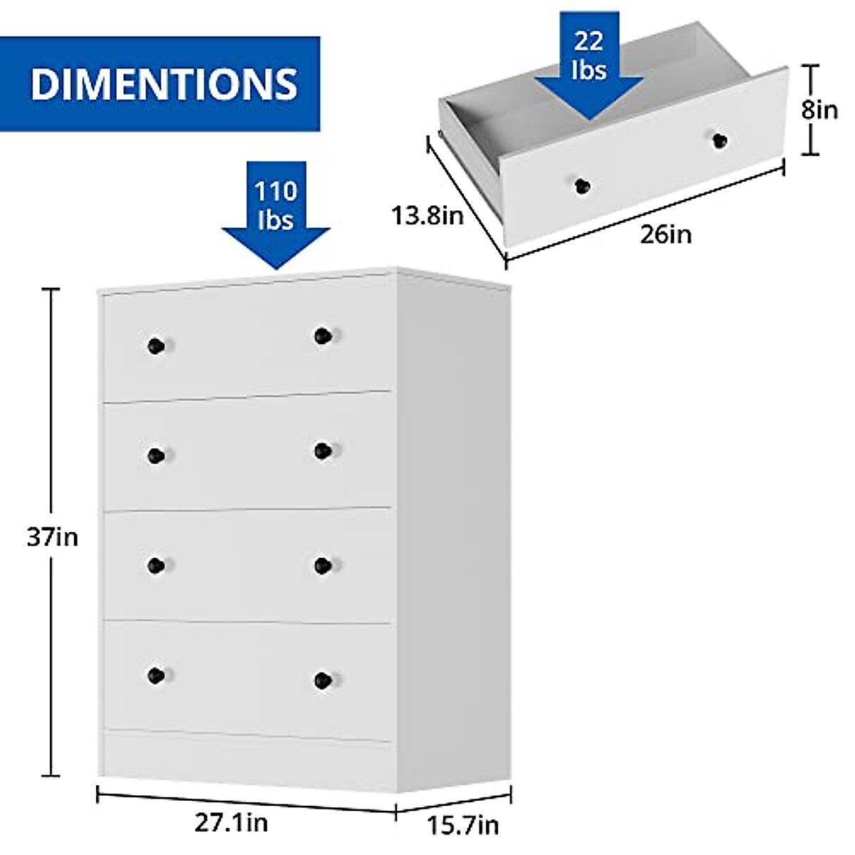 Cozy Castle 4 Drawer Dresser Set of 2, White Dresser for Bedroom, 8 Drawer Dressers with Wide Chest of Drawers for Kids Bedroom, Modern Dresser for Living Room, Nursery, Hallway, White