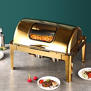 HONHPD Roll Top Chafing Dish Buffet Set, 9 QT Stainless Steel Chafing Server Set for Catering Commercial Chafers Buffet Warmer for Parties, Wedding, Banquet, Events (2 Half-Size), Gold