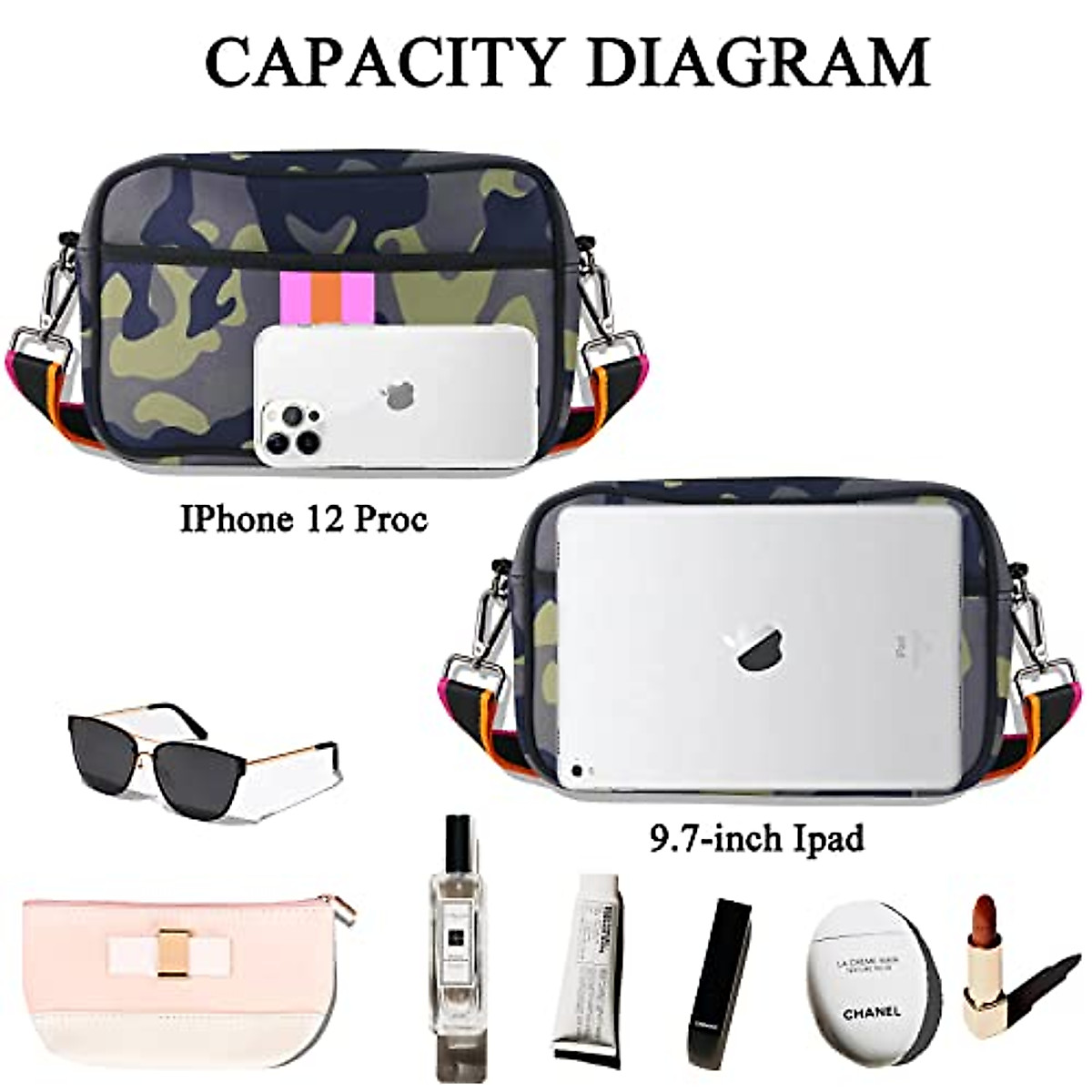 BYMEE Neoprene Crossbody Bag Unisex Casual Camera Bag with Adjustable Strap (Green Camouflage)