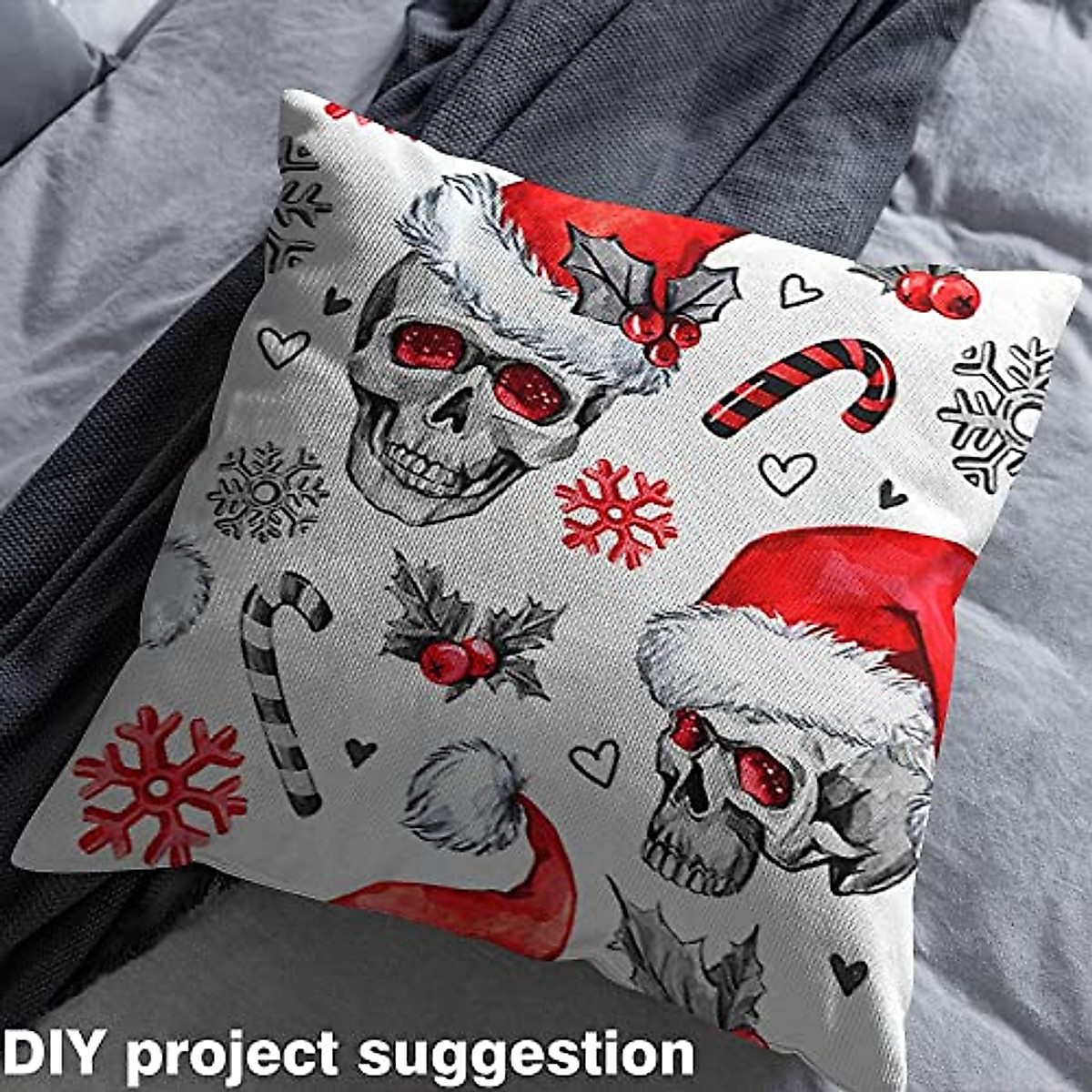 Sugar Skull Fabric by The Yard, Xmas Upholstery Fabric, Christmas Snowflake Candy Canes Decor Fabric, Leaves Heart Pattern Indoor Outdoor Fabric, Gothic DIY Art Waterproof Fabric, Red Grey, 2 Yards