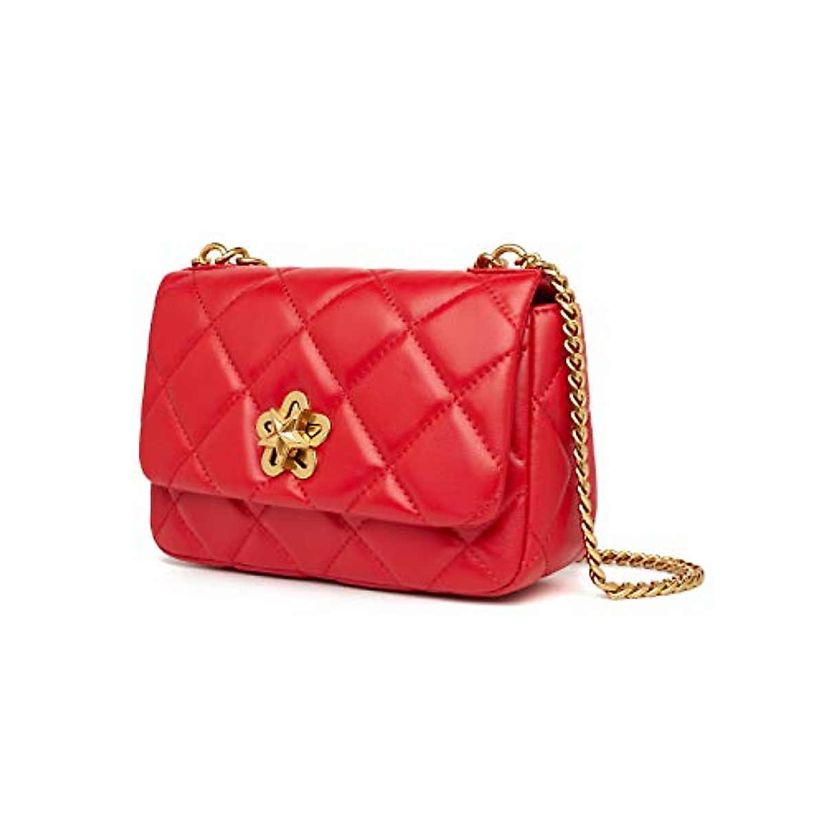 Women Quilted Crossbody Bag Genuine Leather Clutch Purse with Chain Strap Ladies Small Shoulder Handbags - Star Red