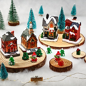 17 Pieces Christmas Village Sets Lighted LED Christmas Village Houses, Xmas Tree Gift Box Snowmen Santa Sign Miniature Figurines Snow Blanket, Christmas Home Table Decor Collectible Buildings
