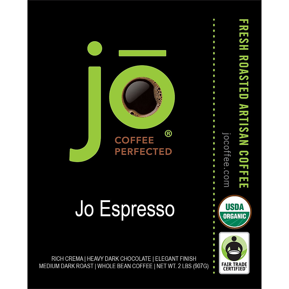 JO ESPRESSO: 2 lb, Medium Dark Roast, Whole Bean Organic Arabica Espresso Coffee, USDA Certified Organic Espresso, NON-GMO, Fair Trade Certified, Gluten Free Gourmet Espresso Beans by Jo Coffee