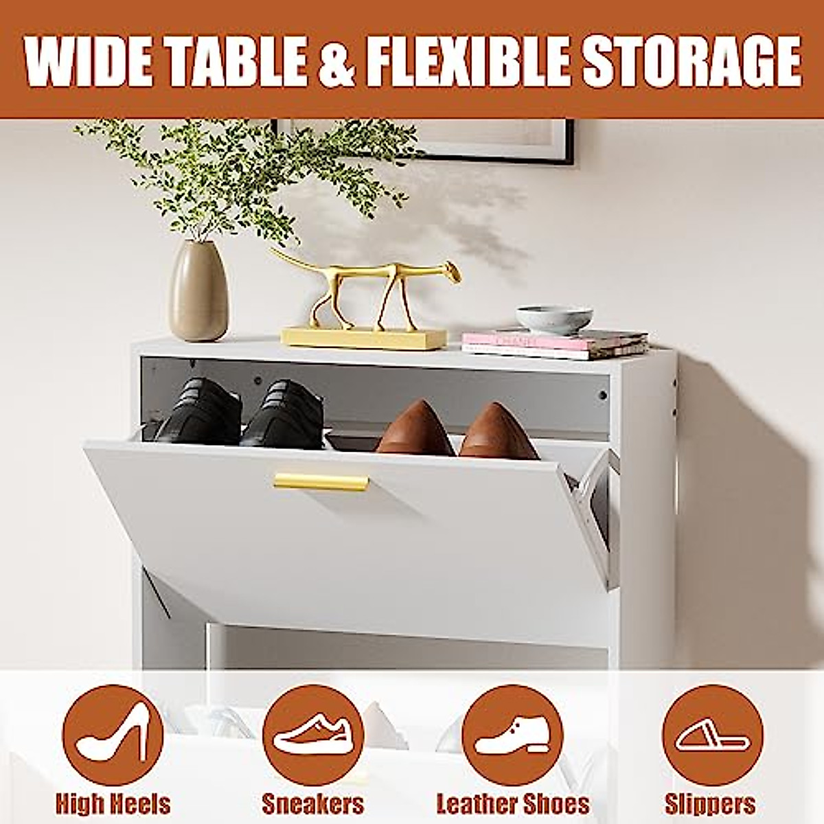 RESOM 3-Tier White Shoe Cabinet with Flip Drawers, Narrow Shoe Storage Rack, Modern Free Standing Tipping Bucket Shoe Organizer Cabinet for Entryway