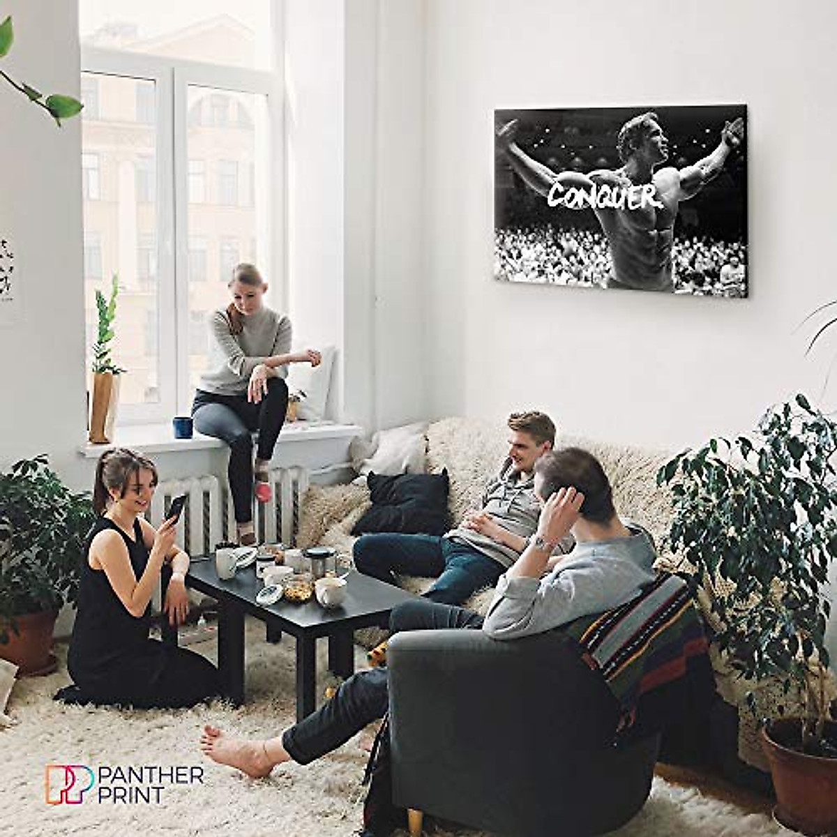 Panther Print, Large Canvas Wall Art, Beautiful Living Room Framed Art, Quality Picture Prints for Walls, Motivational Design, Arnold Schwarzenegger Conquer, Print for Special Occasions (76x51cm)