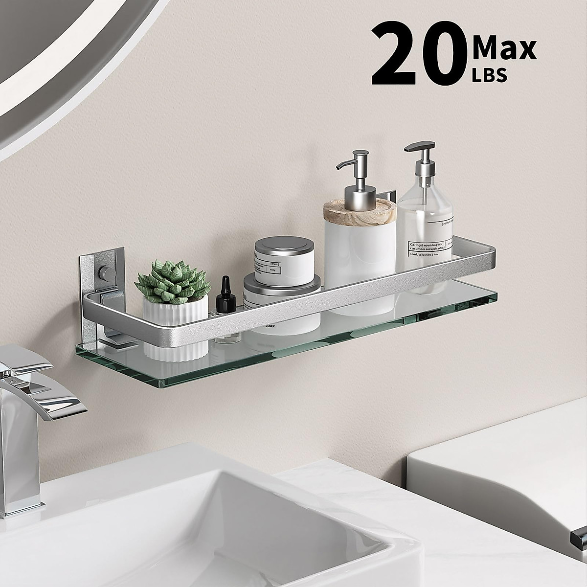 Danpoo Clear Tempered Glass Wall Shelf, Wall-Mounted Organizer for Bathroom, Kitchen(Matte Silver)