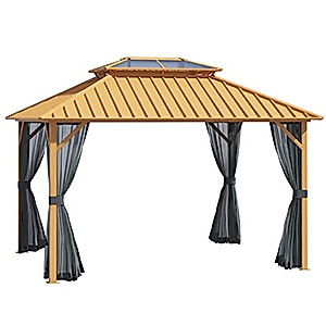 ADUH 12' x 10' Hardtop Gazebo Steel Canopy Outdoor Pergola with Aluminum Frame and Netting for Patios, Gardens, Lawns