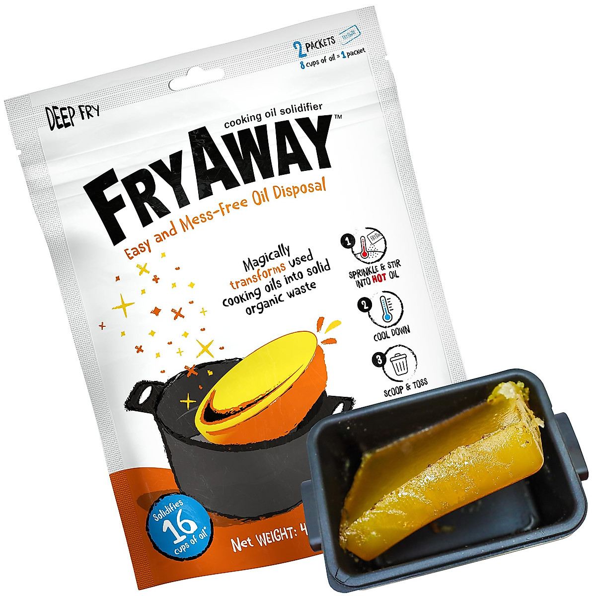 FryAway Deep Fry Waste Cooking Oil Solidifier Powder, 100% Plant-Based Cooking Oil Disposal, Solidifies Up to 8 Cups of Oil per use, (2ct per Package, 16 Cups/4 Liters)