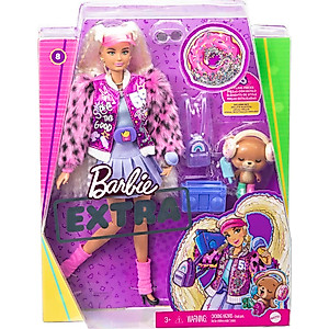 Barbie Extra Doll & Accessories with Extra-Long Crimped Pigtails in Pink Sparkly Varsity Jacket with Pet Teddy Bear