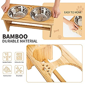 FOREYY Raised Pet Bowls for Cats and Small Dogs, Bamboo Elevated Dog Cat Food and Water Bowls Stand Feeder with 2 Stainless Steel Bowls and Anti Slip Feet (4'' Tall-20 oz Bowl)