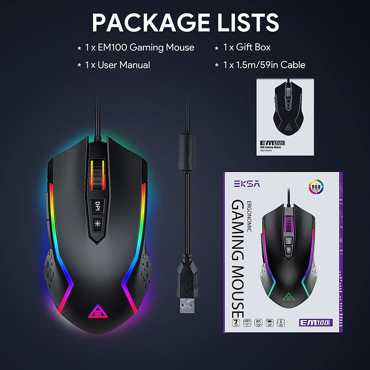 EKSA Gaming Mouse, Computer Mouse with 7 Programmable Buttons, Wired Gaming Mice with Chroma RGB 6 Backlit & Adjustable 8000DPI for Windows PC Gamers