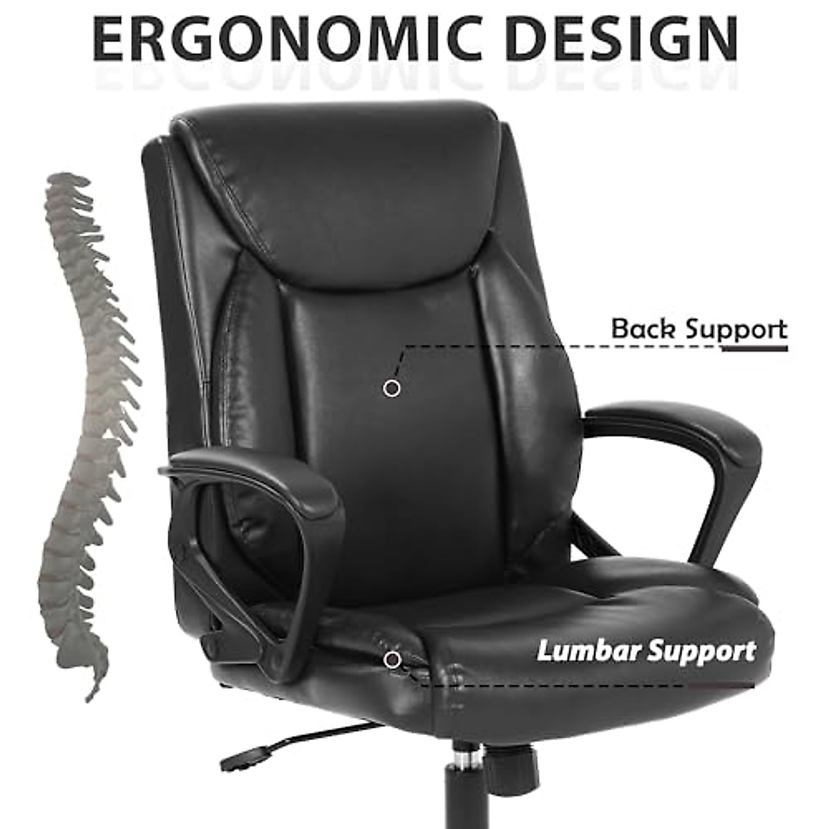 Home Office Chair,PU Leather Mid Back Computer Chair with Lumbar Support,Executive Desk Chair with 360-Degree Rolling Swivel Tilt，Ergonomic Desk Chair with Padded Armrest for Adult Men Women,Black