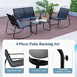 Tangkula 4 Piece Patio Rocking Set, 2 Rocking Chairs & Loveseat with Glass-Top Table, Patio Furniture Set with Smooth Rocking Motion, Outdoor Rocker Chair Conversation Set for Porch, Yard (1, Black)