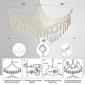 Stuffed Animal Hammock Stuffed Animal Storage Holder Macrame Boho Plush Toy Net Hammock for Stuffed Animals with Light Pet Net for Stuffed Animals Corner Hanging Net for Kids Room (White)
