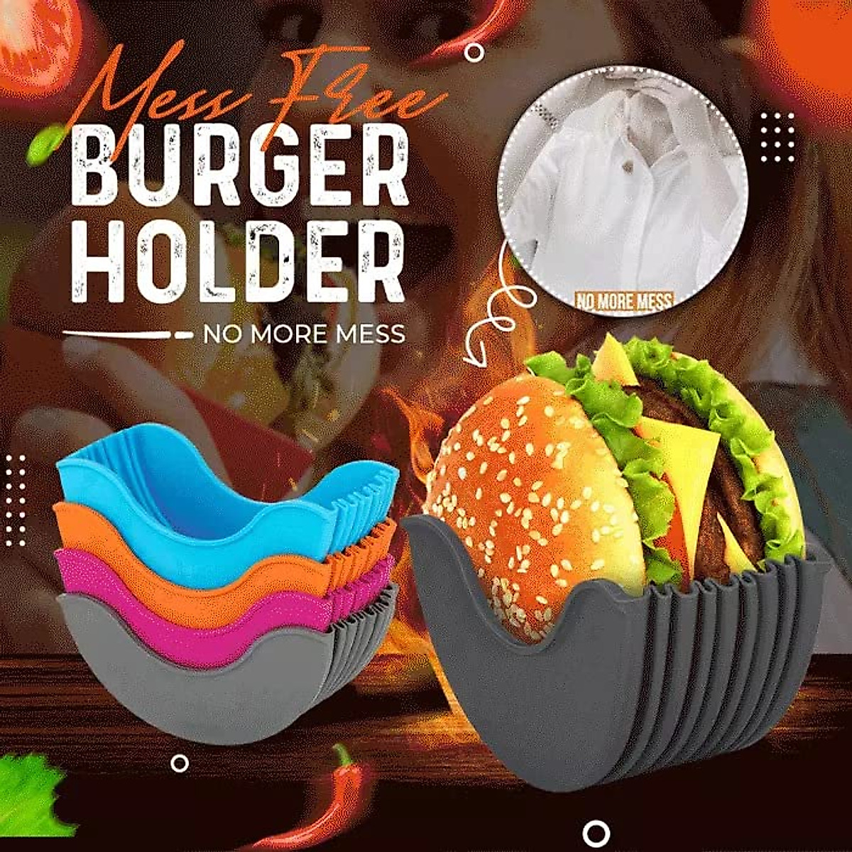 Burger Holder Take It 4 Pack Retractile Retractable Reusable Hamburger Sandwich Burger Holders | Hygienic Silicone Holder | No Mess Container | Burger Holder