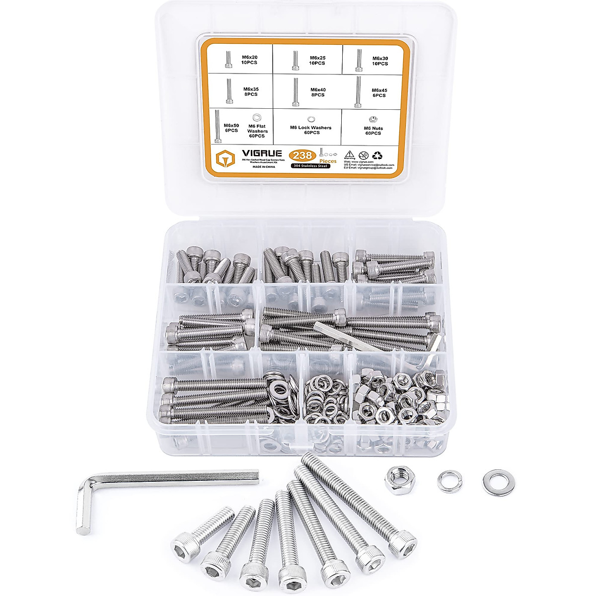 VIGRUE 238PCS M6-1.0 x 20/25/30/35/40/45/50mm Hex Socket Head Cap Screws, Stainless Steel 304 Allen Head Bolts Nuts Kit, Full UNC Thread