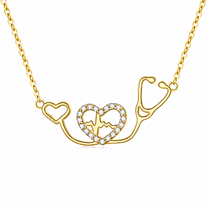 SISGEM 14K Real Gold Stethoscope Necklace for Women,Yellow Gold Created Moissanite Heart and Heartbeat Necklaces,Medical Jewelry for Doctor Nurse Medical Student RN Nurse Gifts,16''-18'' (Style-2)