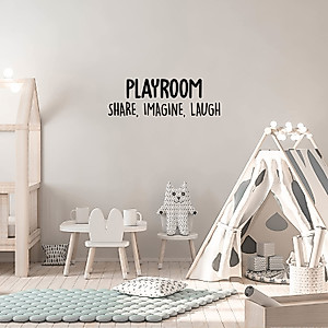 Vinyl Wall Art Decal - Playroom. Share, Imagine, Laugh - 10" x 30" - Trendy Cute Fun Positive Quote Sticker for Kids Bedroom Living Room Playroom Nursery Baby Room Daycare Classroom Decor (Black)