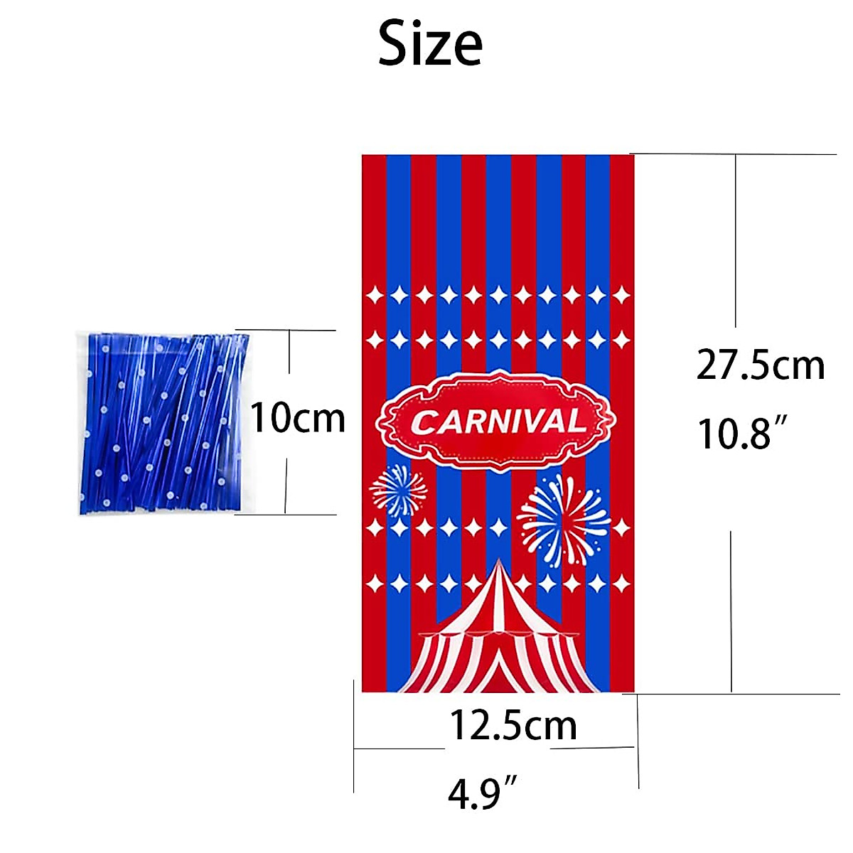 Jayomoli Carnival Circus Holiday Plastic Bags, 100pcs Cellophane Treat Bags Popcorn Bag, Candy Cookie Wrapping with Twist Ties for Party Favors Supply