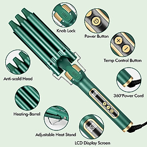 Yinhua Curling Iron Set, 5 in 1 Curling Wand with 4 Interchangeable Ceramic Barrels and 1 Straight Hair Brush, 30S Instant Heat Up, LCD Temp Adjustment, Dual Voltage, Includes Heat Resistant Gloves