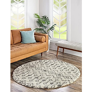 Unique Loom Moroccan Trellis Shag Collection Area Rug - Meknes (10' Round, Ivory/Gray)