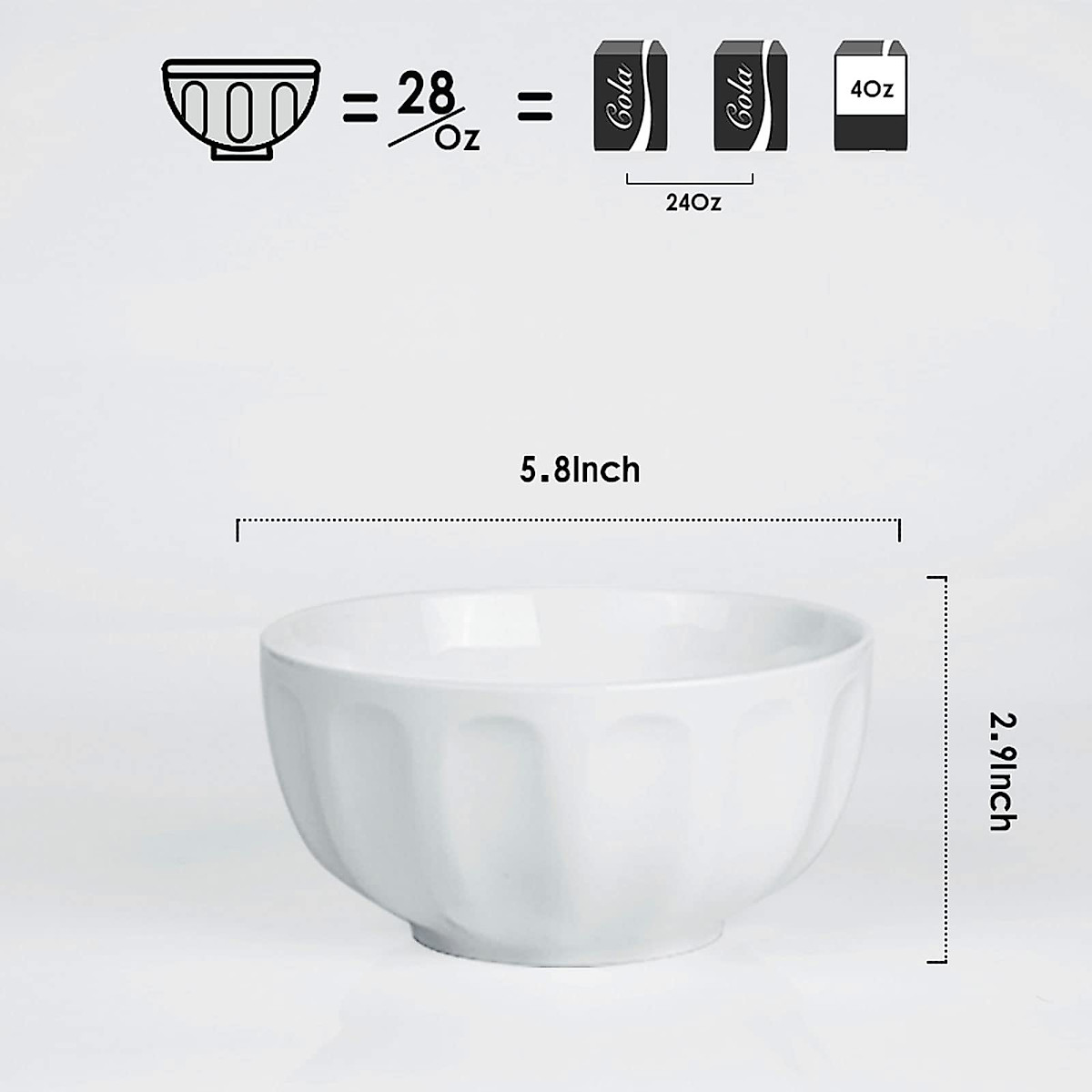 amhomel Porcelain Deep Bowls, 26 Ounce for Cereal, Soup, Side Salad, Rice and Ramen, Microwave and Dishwasher Safe, Fluted Bowls Set of 6(White, 6 Inch)