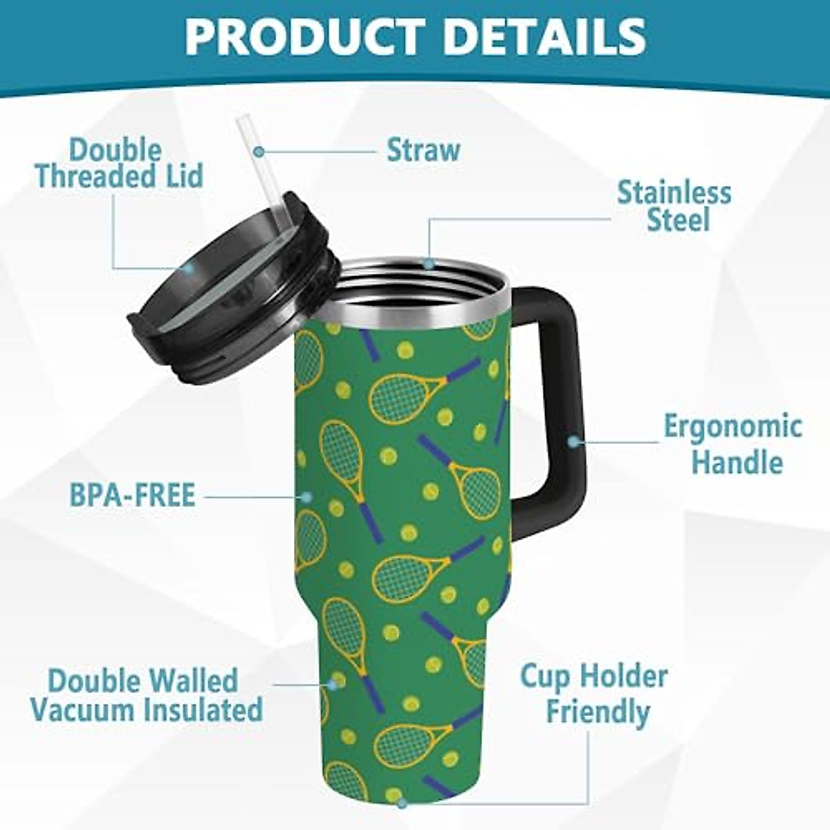 Exnundod Tennis Rackets and Balls Tumbler with Handle 40oz and Straw Insulated Tumblers Leak-proof Water Bottle for Car Travel